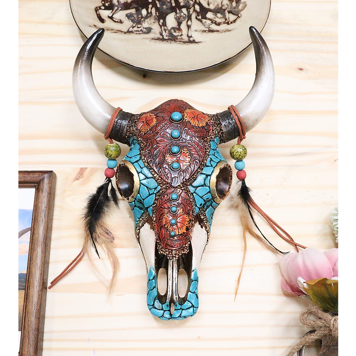 Ebros Gift Southwestern Tribal Indian Dreamcatcher Feathers Turquoise Beads and Faux Tooled Floral Leather Steer Cow Skull Wall Head Decor Hanging Plaque Bison Buffalo Wild Animal Resin Figurine