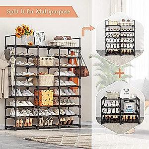 Tabiger 9 Tier Shoe Rack Organizer for Entryway 53-58 Pairs, DIY Stackable Shoe Rack for Closet Shoe Organizer with Sturdy Shelves and 10 Hooks, Metal Shoe Shelf Closet Organizer,12"D x 50"W x 63"H
