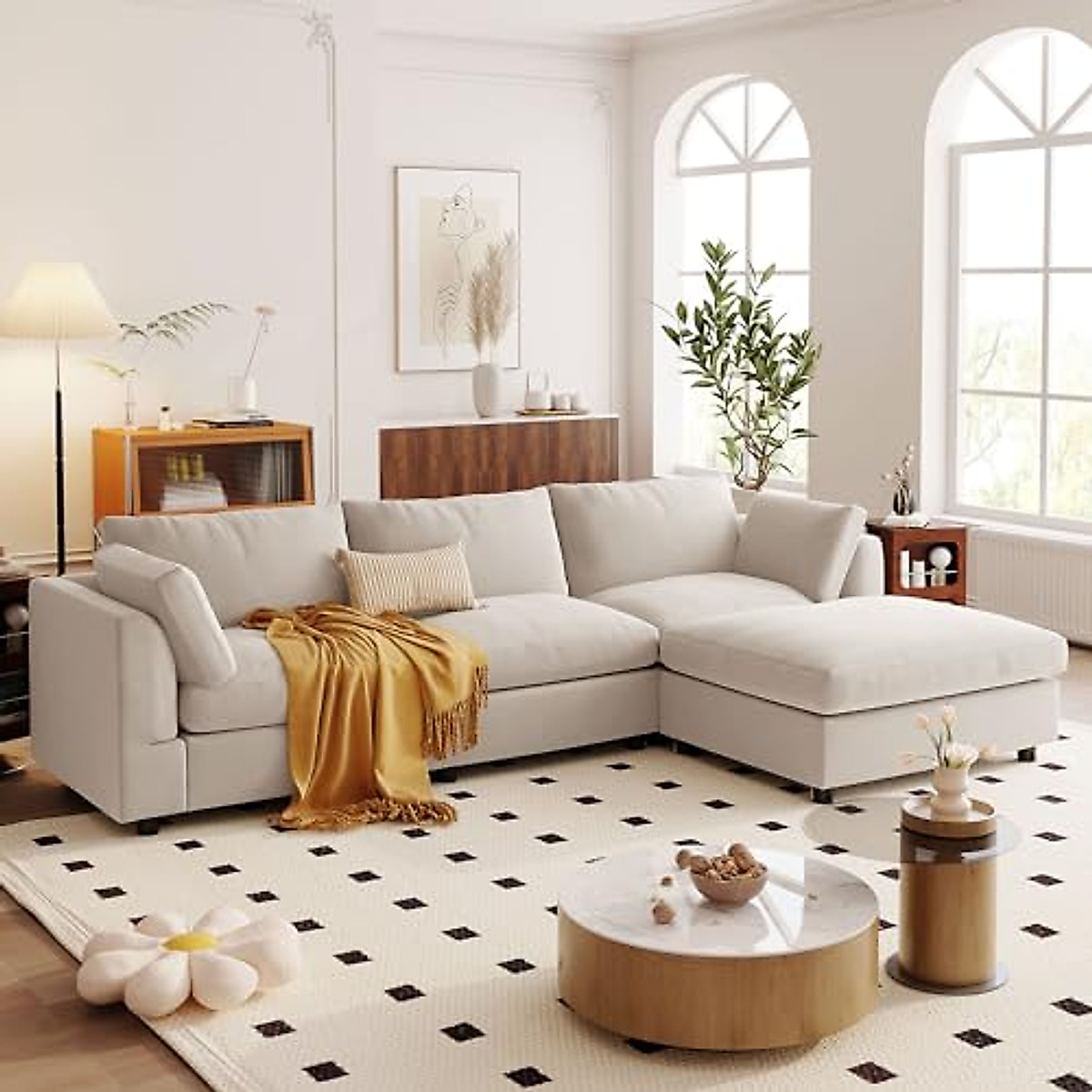 Eafurn Deep Seat Convertible Sectional Sofa with Extra Wide Chaise Lounge, 3-Seater L-Shaped Modular Corner Couch, Polyester Blend Upholstered Oversized Two-Piece Sofa&Couches for Living Room