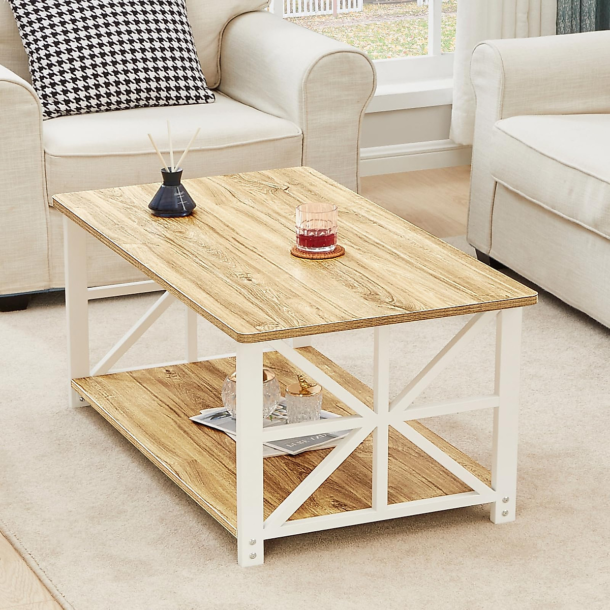 GreenForest Coffee Table with Round Corner, Farmhouse Center Table with 2-Tier Storage Shelf X-Frame Design for Living Room, 39 inch Oak