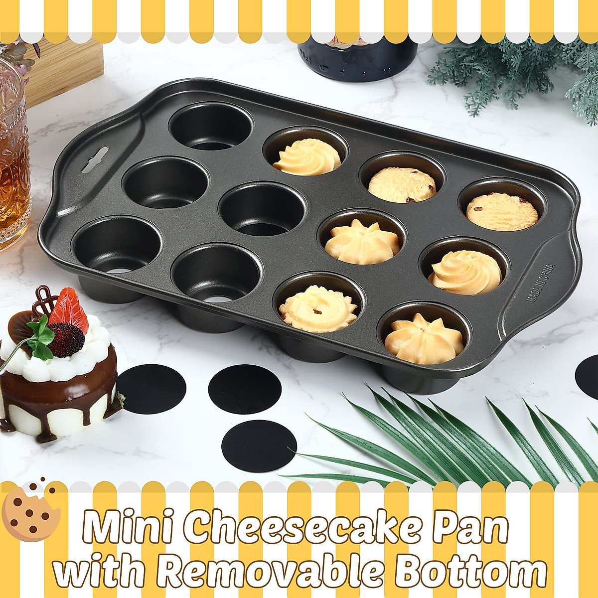 EBOOT 3 Pack Mini Cheesecake Pan with Removable Bottom 12 Cavity Nonstick Carbon Steel Muffin Cupcake Pan 13" x 8"