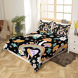 Erosebridal Trippy Mushroom Duvet Cover Queen Groovy Floral Bedding Set Cute Rainbow Comforter Cover with Zipper Closure Two Groovy Party Boho Hippie Mushroom Bed Sets Retro Party Decorations Bedding