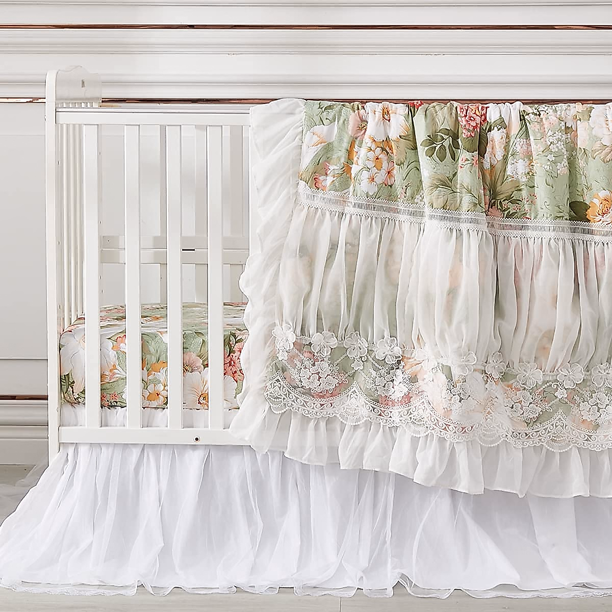 Brandream Crib Bedding Sets for Girls Garden Floral Nursery Set 3-Piece | Ruffled Baby Comforter, Crib Sheet and Tulle Lace Crib Bed Skirt, Green White