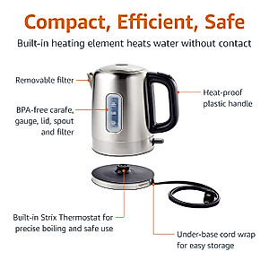 Amazon Basics Stainless Steel Portable Fast, Electric Hot Water Kettle for Tea and Coffee - 1 Liter, Gray/Black