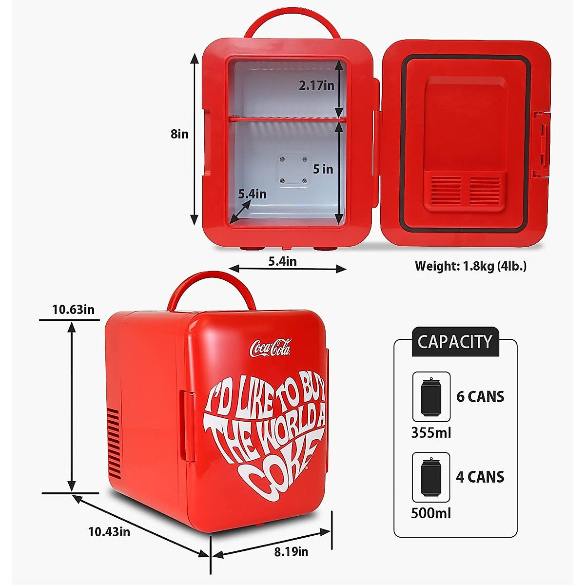 Coca Cola World 1971 Series Portable 6 Can Thermoelectric Mini Fridge Cooler/Warmer, 4 L/4.2 Quarts Capacity, 12V DC/240V AC for Home, Dorm, car, Boat, Beverages, Snacks, Skincare, Cosmetics
