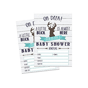 Hadley Designs Deer Baby Shower Invitation set-50 Invitations & 25 Book Request Inserts Include Sprinkle Invites for a Boy and Bring A Book Instead of A Card, Guest Book Alternative