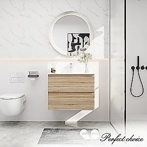 Henf 30" inch Wall Mounted Bathroom Vanity with Sink, Modern Floating Bathroom Vanity with White Integrated Gel Sink & Two Drawers, Plywood Hanging Bath Cabinet w/Resin Wash Basin (Light Oak)