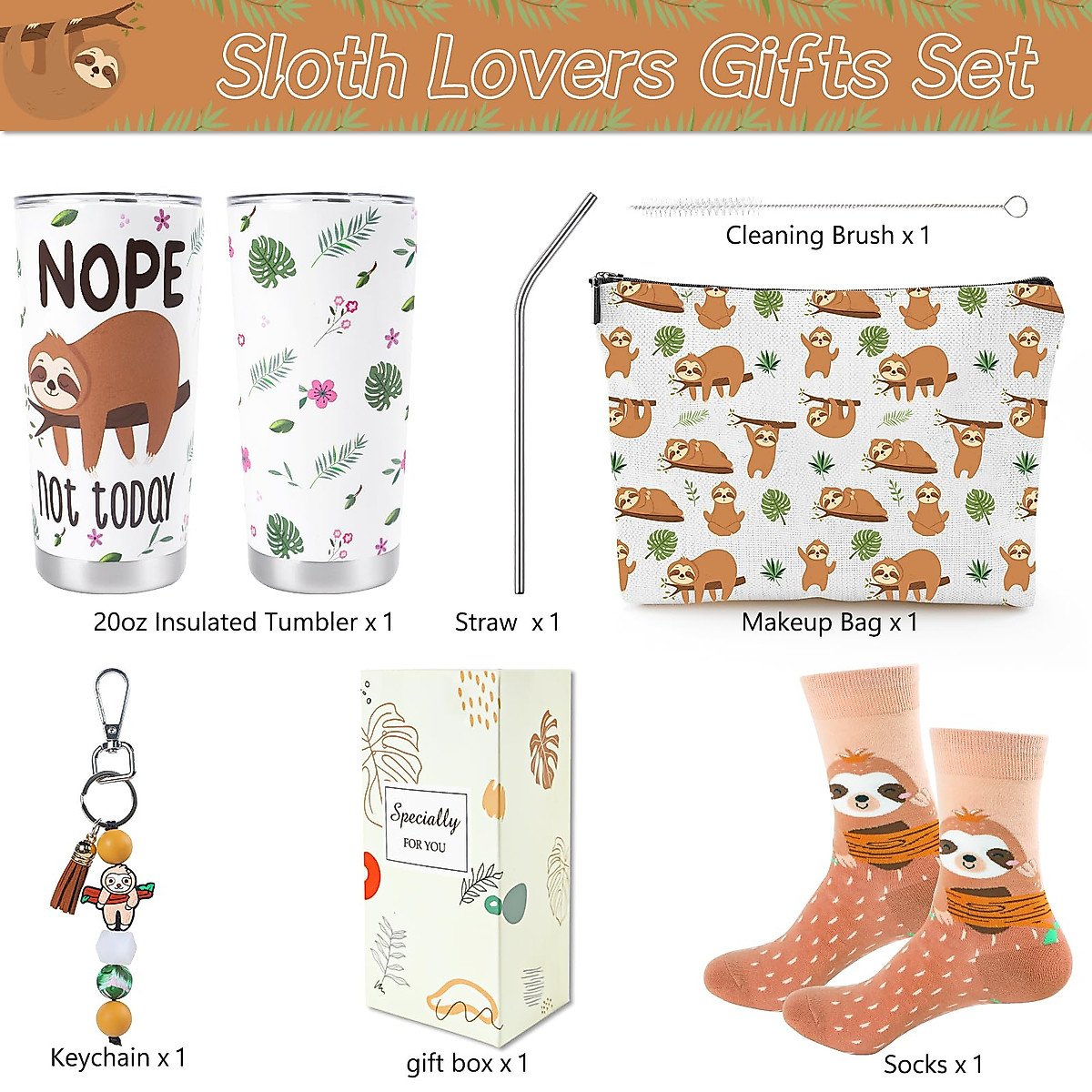 Keluna Sloth Gifts for Women Girls - 4Pcs Sloth Gifts Set 20oz Stainless Steel Tumbler with Lids Straw Cute Animal Makeup Bags Socks Keychain for Sloth Lovers Friends Birthday Christmas Gifts