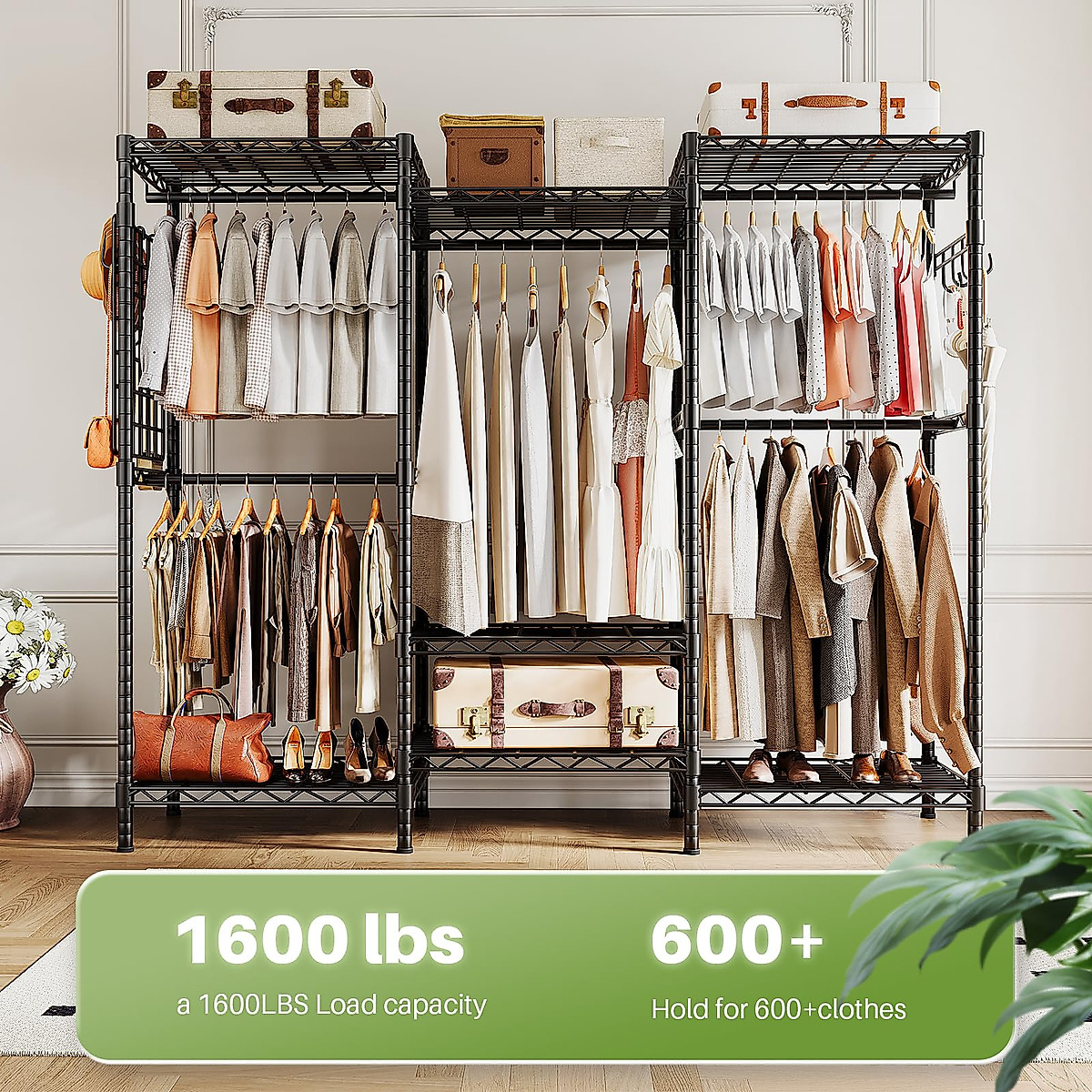 HOKEEPER Clothes Rack Heavy Duty Clothing Rack for Hanging Clothes 1600LBS Freestanding Garment Rack with 5 Hang Rods, Side Mesh Board & Hooks, Portable Wardrobe Closet 70" W X 17" D X 76" H, Black