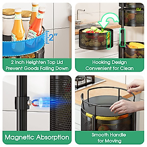 PXRACK Fruit Basket for Kitchen, 5 Tier Circular Rotating Basket Large Storage Rack with Wheels, Fruit and Vegetable Metal Wire Shelf with Top Lid for Living Room, Office, Black