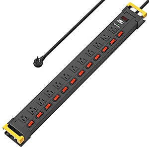 CRST 12 Outlet Heavy Duty Power Strip Surge Protector with Individual Switches, 15AMP/1875W Metal Power Strips with Cord Manager, 9FT, 1020J, for Garage, Workshop, Shop, Home Black