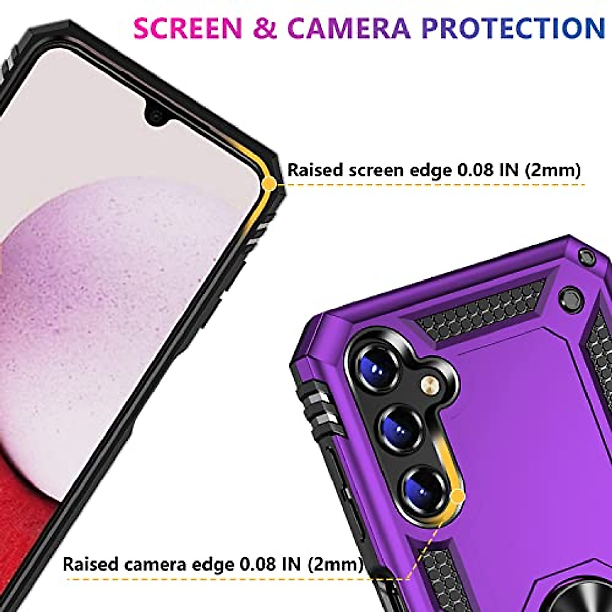 Samsung Galaxy A14 5G Case with Screen Protector [2 Pack], [Military Grade] 16ft. Drop Tested Shockproof Phone Cover with Ring Magnetic Kickstand for Samsung Galaxy A14 5G, Purple
