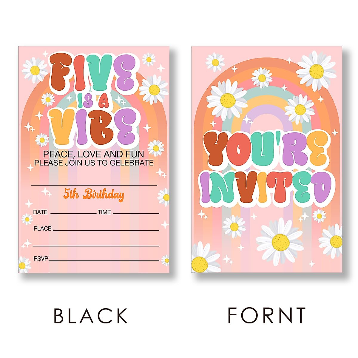 EUDOSI Five is a Vibe Groovy 5th Birthday Party Invitations Supplies Fill-In Set of 20 with Envelopes Groovy 5 Years Old Birthday Bash Invites Cards, Double Sided