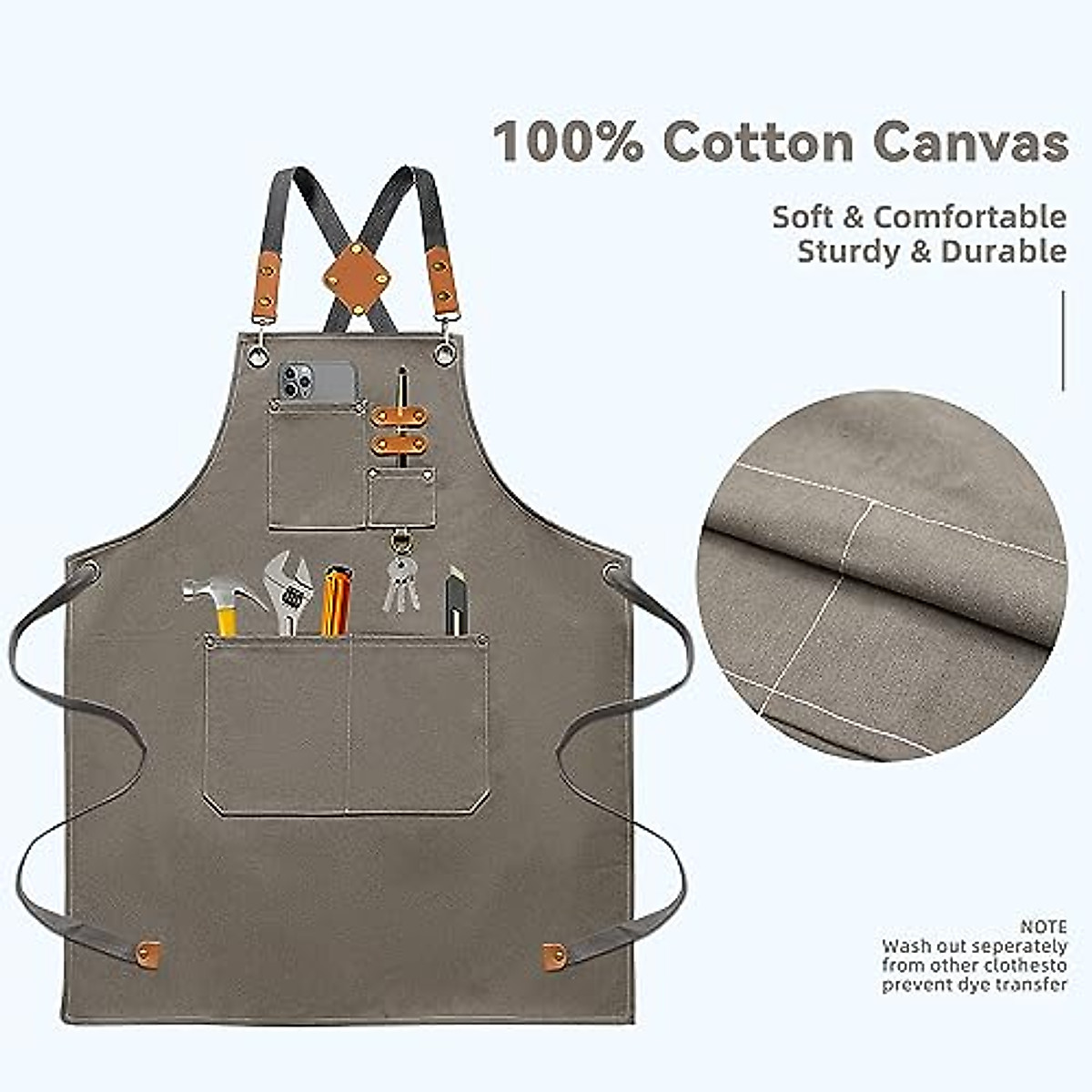 Bluegogo Chef Aprons for Men Women, Cotton Canvas Cross Back Adjustable Apron with Large Pockets for Kitchen Garden Salon (Grey)