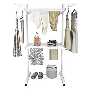 Bigzzia 3 Tier Clothes Drying Rack, 57 Inch Laundry Drying Rack, Foldable Stainless Steel Kids Clothing Rack, Movable Laundry Rack for Indoor Outdoor - White