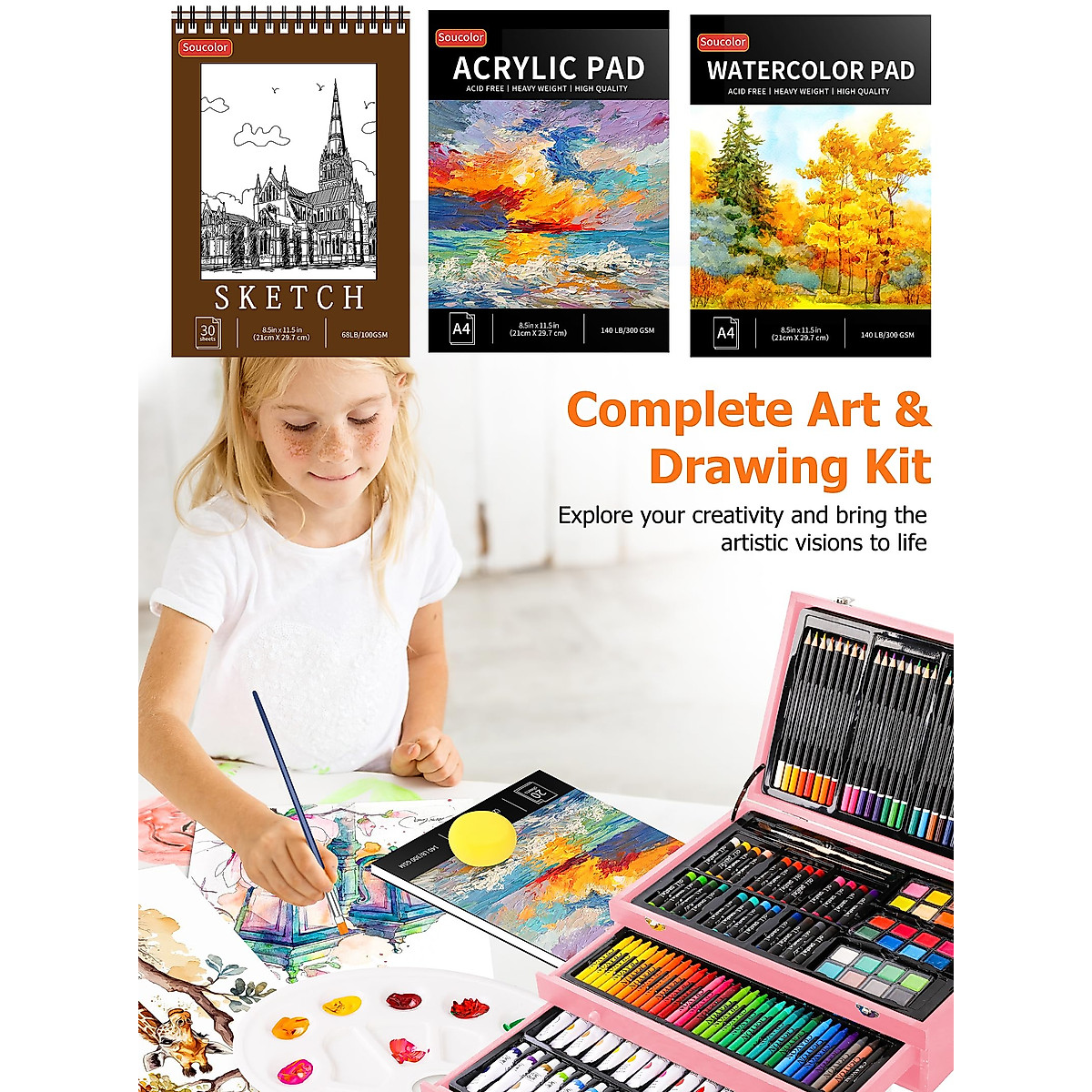 Soucolor Art Kits Art Sets Gifts for Women Teens Girls Kids, Aesthetic Cute Preppy Stuff School Supplies, 192-Pack Deluxe Drawing Supplies, Acrylic Pad, Watercolor and Sketch Book, Canvases