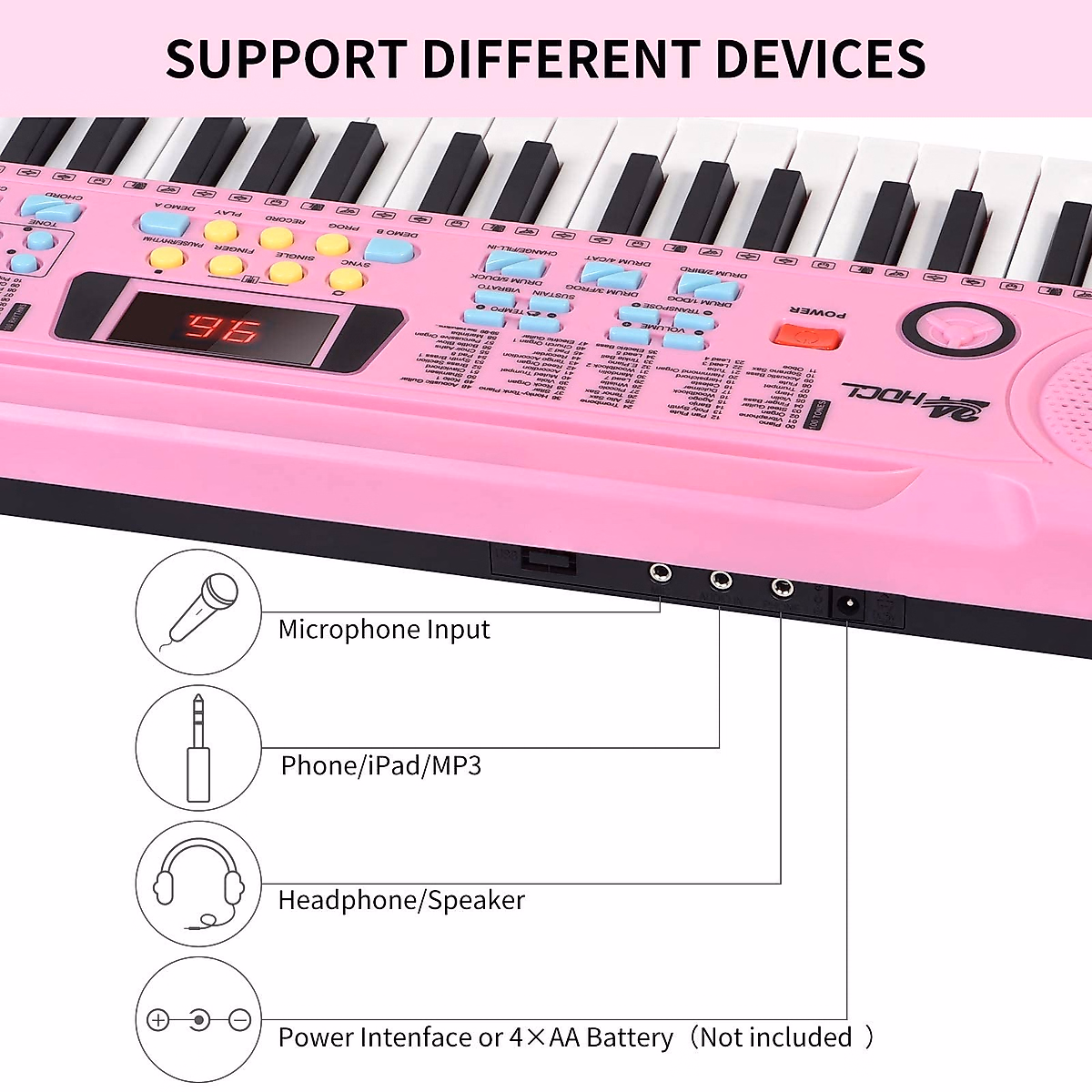 24HOCL 61 Keys Keyboard Piano, Kids Piano Keyboard with UL Adapter, Stand, Built-In Speaker, Mic, Portable Electronic Keyboard for Boys, Girls, Beginners Birthday Holidays Best Gifts