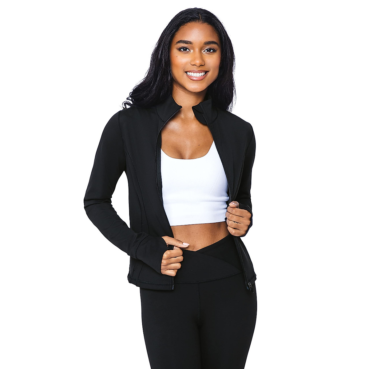 90 Degree By Reflex Womens Full Zip High-Low Running Track Jacket - Black Interlink - Large