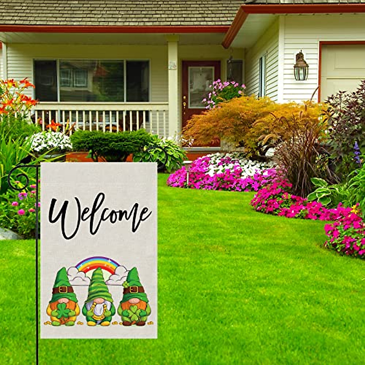 BOTB LIHM St Patricks Day Garden Flag Welcome Gnomes Lucky Clover 12×18 Inch Vertical Double Sided Small Yard Flag Spring Holiday Garden Outdoor Decorations