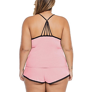 XAKALAKA Women Plus Size Pajamas Cami Shorts Set Nightwear Sexy Lace Lingerie Sleepwear Pink XXXL