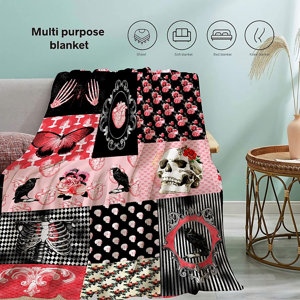 Retro Collage Rose Skull Red Butterfly Skeleton Gothic Blanket Tapestry Mandala Gifts for Girls Boys,Aesthetic Room Decor Plush Soft Lightweight Flannel Fleece Trippy Blankets Sheet for Dorm Decor