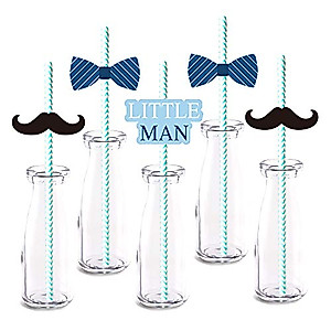 Little Man Straw Decor, 24-Pack Blue Boy Bow Tie Moustache Baby Shower Party Supply Decorations, Paper Decorative Straws