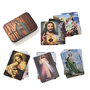 3X2.1Inch Catholic Paper Prayer Card With Metal Box,Assorted Holy Cards with Catholic Saints and Prayers-36Pcs