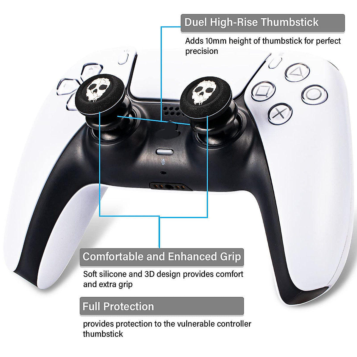 Playrealm FPS Thumbstick Extender & Printing Rubber Silicone Grip Cover 2 Sets for PS5 Dualsenese & PS4 Controller (Ghost)