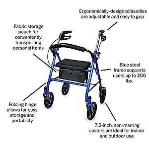 McKesson Rollator Walker with Seat and Wheels, Steel, 300 lbs Weight Capacity, Blue, 1 Count