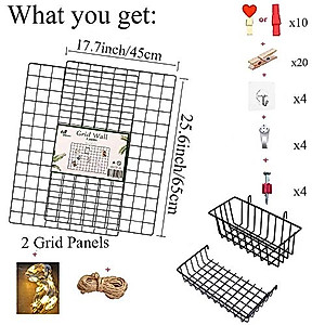 GBYAN 2 Pack Wall Grid Panels with Baskets Photo Display Wire Wall Organizer for Hanging Memo, Picture