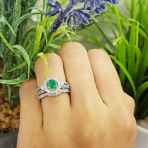 Dazzlingrock Collection 14k Round Emerald & White Diamond Women Halo Bridal Engagement Ring Set, White Gold, Size 5.5