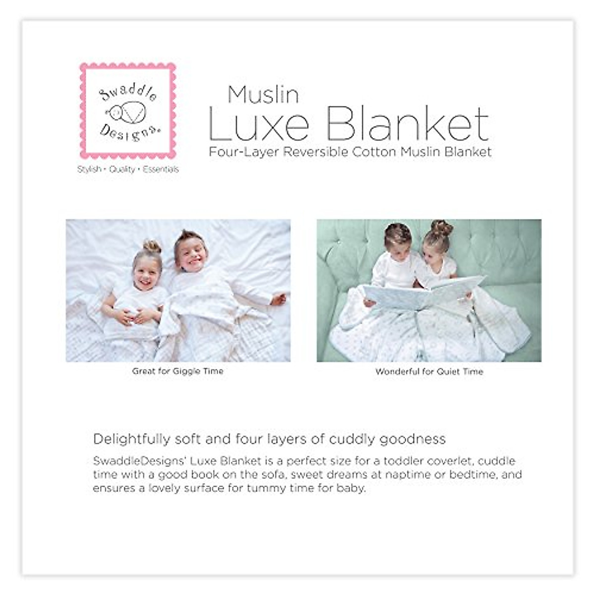 SwaddleDesigns 4-Layer Cotton Muslin Luxe Blanket, Baby and Toddler Cuddle and Dream, 46x46 inches, Sterling Little Lambs and Twinkle Stars