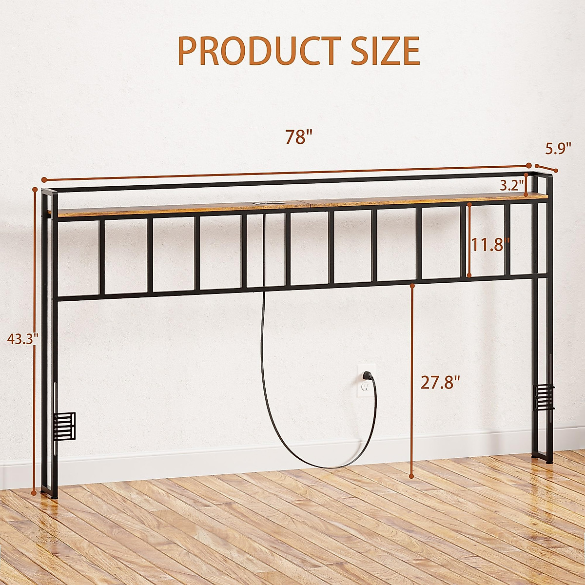 LAKEMID King Headboard, Headboards with LED Light, Outlets and USB Ports, Head Board with Storage Rack, Sturdy and Stable Headboard for King Size Bed, Adjustable Height, Easy Assembly, Rustic Brown