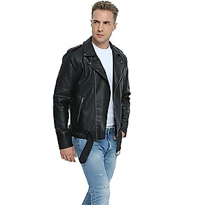 Fahsyee Leather Jackets for Men, Faux Bomber Jacket Mens Motorcycle Lapel Asymmetric Zip-Up Belt Slim Fit Biker Coat Black M