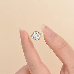 1.5 ct 10k Yellow Gold Moissanite Engagement Ring for Women, Oval Cut Brilliant Geometric Three-stone Vintage Ring Anniversary Wedding Ring, Valentine's Gift for Her Free Engraved