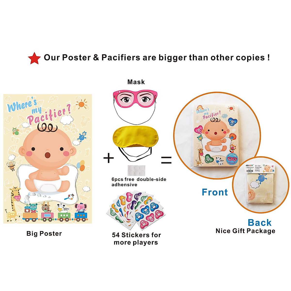 Pin the Pacifier on the Baby Game - Baby Shower Party Favors and Game - Pin the Dummy on the Baby Game