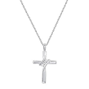 GILDED Small 10K White Gold Natural Round-Cut Diamond Accent (I-J Color, I2-I3 Clarity) 3 Stone Cross Pendant-Necklace,18"