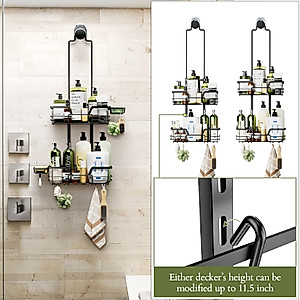 Skyapex Hanging Shower Caddy Over Showerhead, Extended Long Adjustable Bathroom Shower Organizer Hanging with 2 Soap Holders and 12 Hooks, Rustproof Large Capacity Shower Rack, Stainless Steel, Black