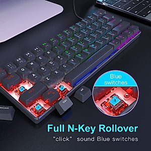 RAZEAK Portable 60 Percent Mechanical, Compact 61 Keys Mini Gaming Keyboard for PC/Mac Gamer Switchable Colorful RGB Backlit, Small Keyboard for Computer/Laptop - Blue Switch - Black