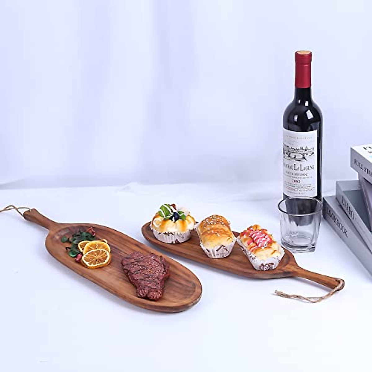 Set of 2 Acacia Wood Serving Trays,Oval Long Wooden Tray Plates for Serving Food,House Warming Gifts New Home Decor,Handmade Snack Board Bread Sushi Fruit Trays for Party