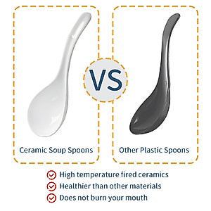 Soup Spoons, Asian Soup Spoons, Chinese Soup Spoons, Ceramic Spoons White Japanese Spoon Large for Dumpling Wonton Ramen Pho Miso, Deep Oval Hook Design, Set of 6