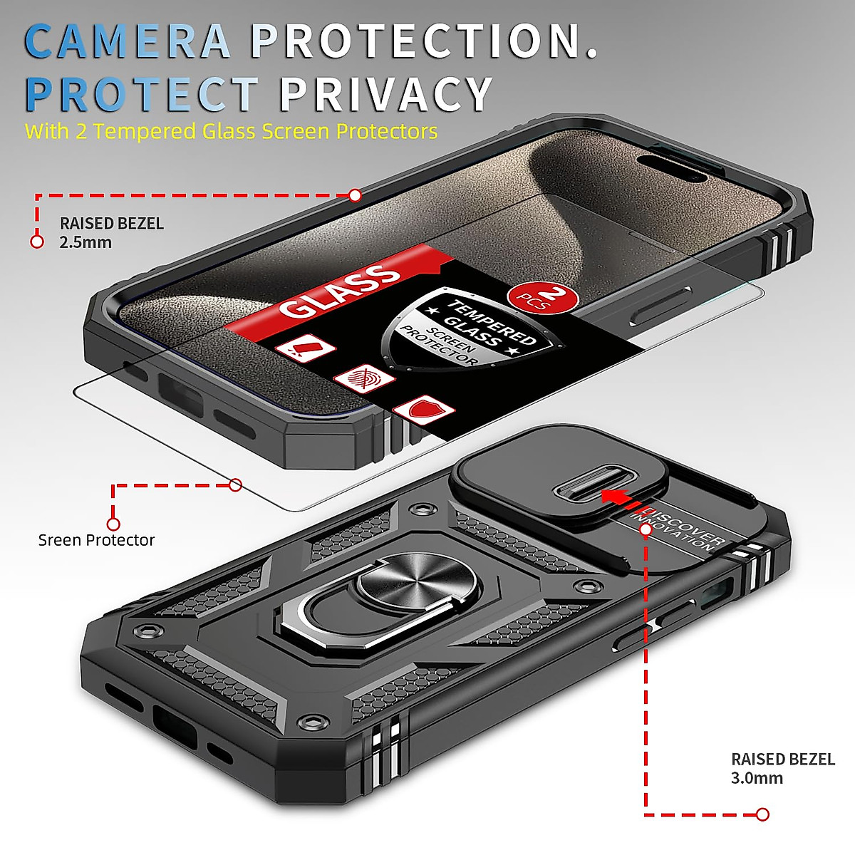 IYTRRYH for iPhone 15 Pro Max Case Kickstand with 2Tempered Glass Screen Protectors with Camera Cover&Magnetic Stand Ring Military Grade Drop Shockproof Heavy Duty Protection iPhone15Pro Max6.7‘’Black