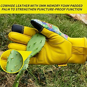 MSUPSAV Women Gardening Gloves with Touchscreen,Garden Gloves for Women,Cowhide Leather Work Gloves for Women,Gardening Gfits,Colorful flowers,Large