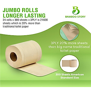 Bamboo Story Premium Bamboo Toilet Paper, PFAS Free, Chemical Free Toilet Paper, Unbleached, (24) 3PLY & 300 Sheets, FSC Certified, Organic Brown, Plant-Based, Tree-Free, Plastic Free, BPA Free (24)