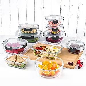 HAKEEMI 12 Pack Glass Storage Containers with Lids, Glass Meal Prep Containers Set, Airtight Food Storage Containers, Grey