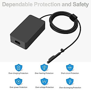 65W Surface Pro Laptop Charger AC Adapter for Microsoft Surface Pro 3, 4, 5, 6, 7, 8, 9, 10, X, Surface Book 3, 2, 1, Windows Surface Laptop 6, 5, 4, 3, 2, 1, Surface Go Tablet, with 6.2ft Power Cord