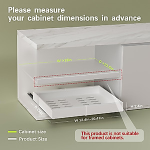 Seinloes 2 Pack Expandable Pull Out Cabinet Organizer 21" Deep, Upgrade 3 Slide Rails Slide Out Drawers for Kitchen Cabinets, No Drill Roll Out Shelves Adhesive, Adjustable Width 12.05"-20.4" White
