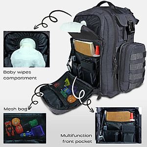 Dad Diaper Bag, Mens Diaper Bag Backpack with Diaper Changing Mat, Military Diaper Backpack with Molle Webbing, Waterproof Pouch, Baby Wipes pocket, Insulated Bottle Pockets- Dark Grey