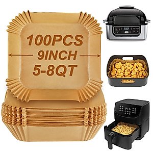 BYKITCHEN Air Fryer Sheets Liners for Ninja AG301 Grill, AF141, Cosori Air Fryer, 9 Inch Square Air Fryer Parchment Paper Filters for 5 to 8 Qt Basket, Ninja Foodi Grill Accessories (Set of 100)