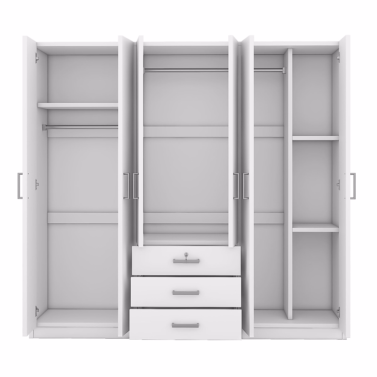 Merax Large White 6 Doors Wooden Wardrobe, Bedroom Tall Armoire Closet Organizer with Big Drawers, Hanging Rails and Shelves, Clothes Storage Cabinet for Garage & Laundry Room, White